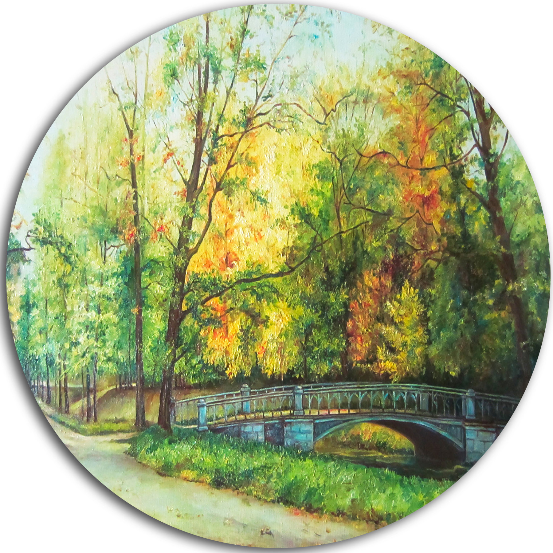Bridge In Colorful Forest, Landscape Painting Disc Metal Artwork, Disc ...