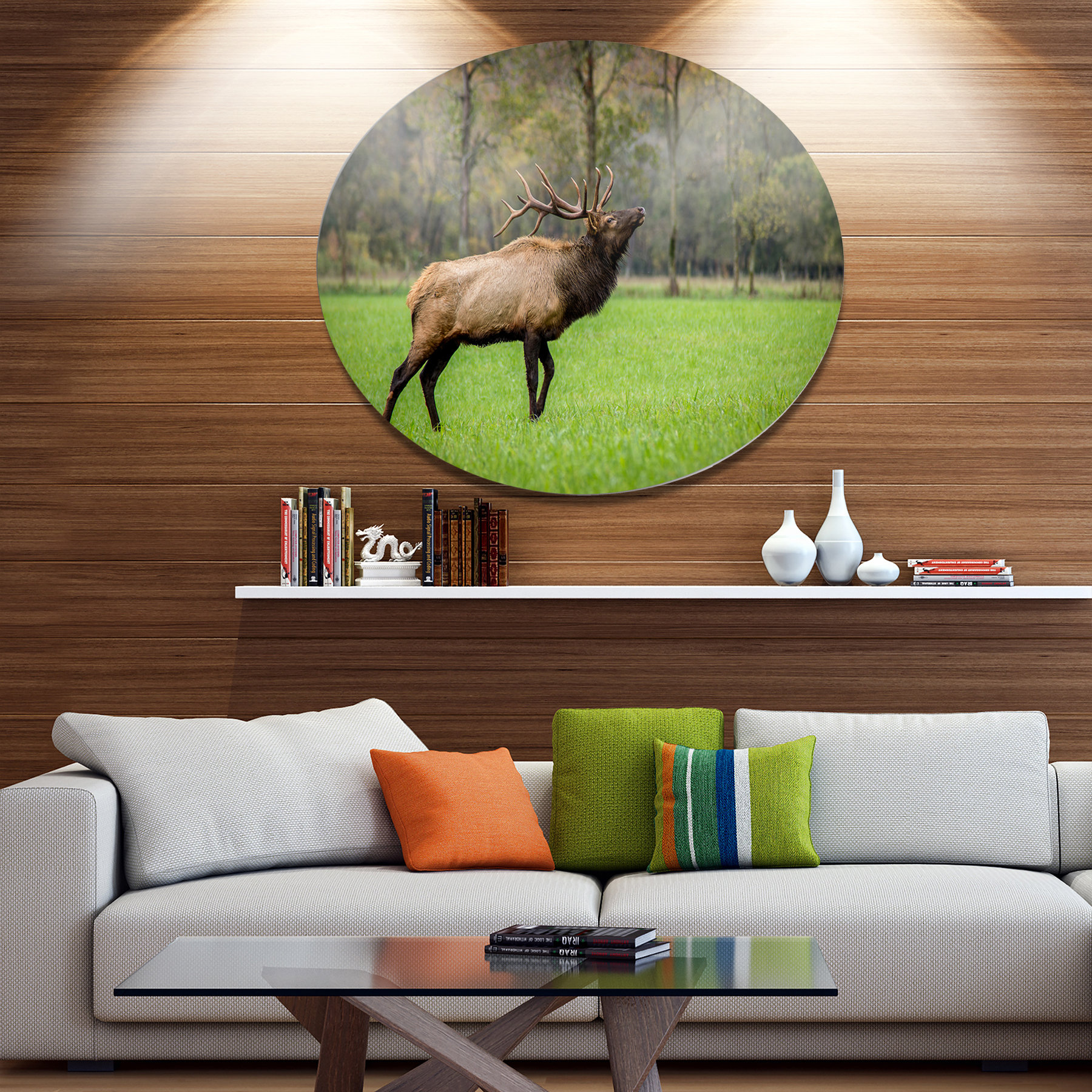 Trophy Bull Elk In Green Grassland, Animal Disc Metal Artwork, Disc of ...