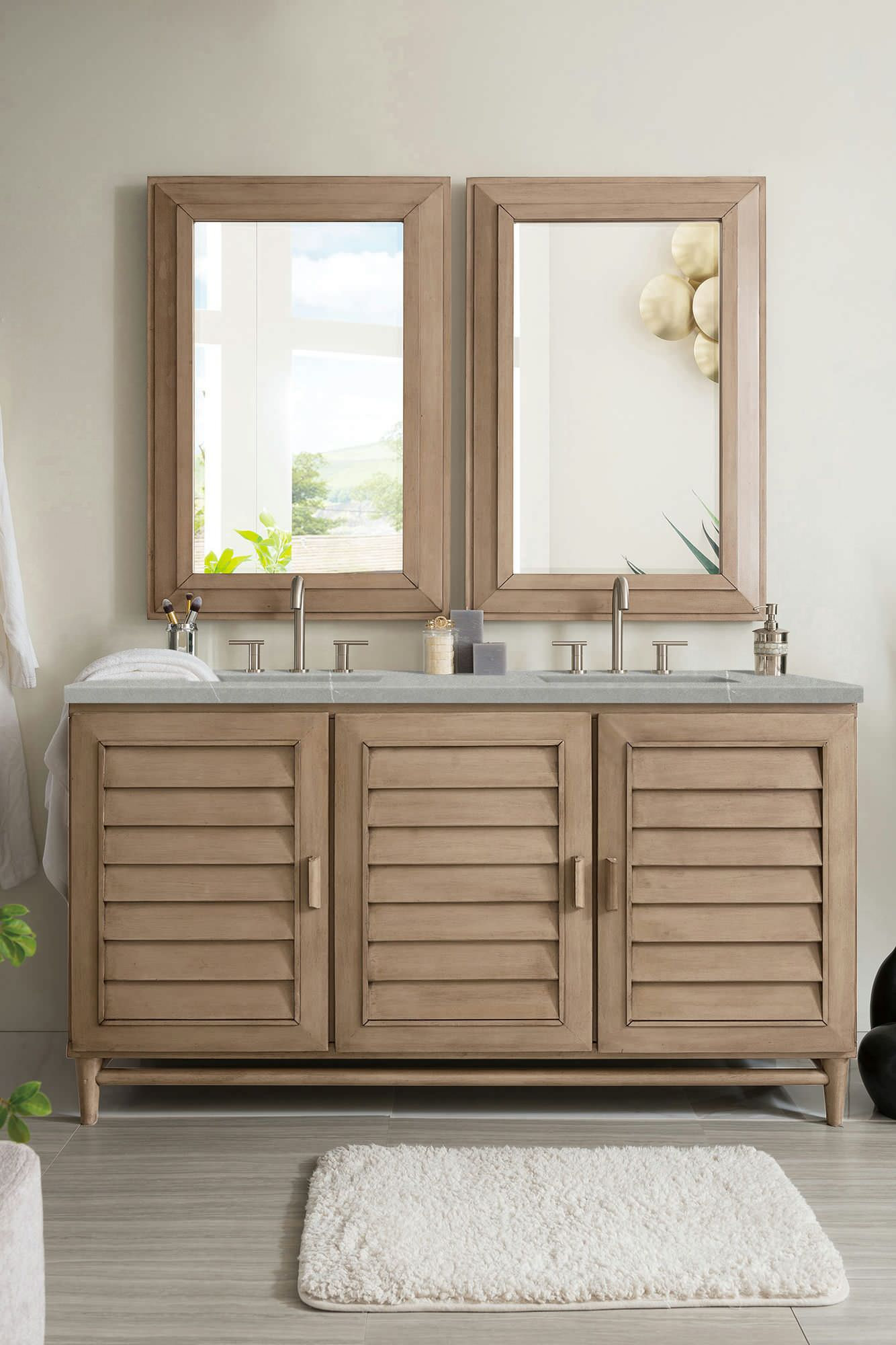 Portland 60" Double Vanity Whitewashed Walnut, w/ 3 CM Eternal Serena ...
