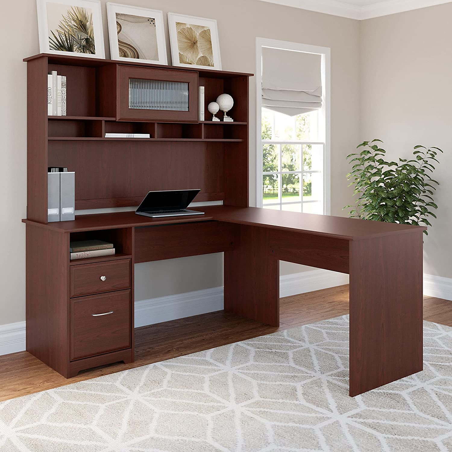 L-Shaped Office Desk With Tall Hutch, File Drawer, and Open Storage ...