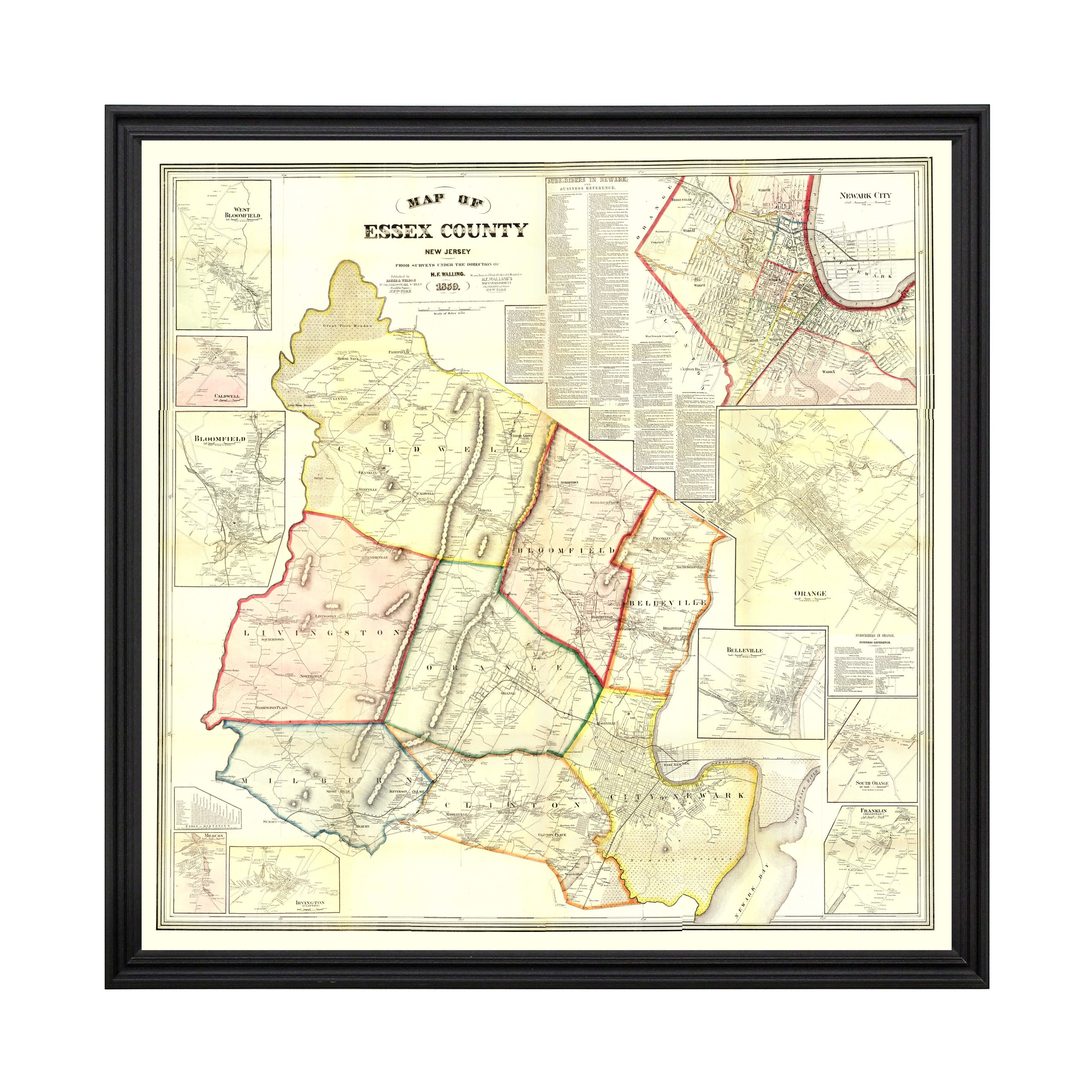 Essex County Map Framed Art 1859, Vintage New Jersey Wall Decor, 24x24 ...
