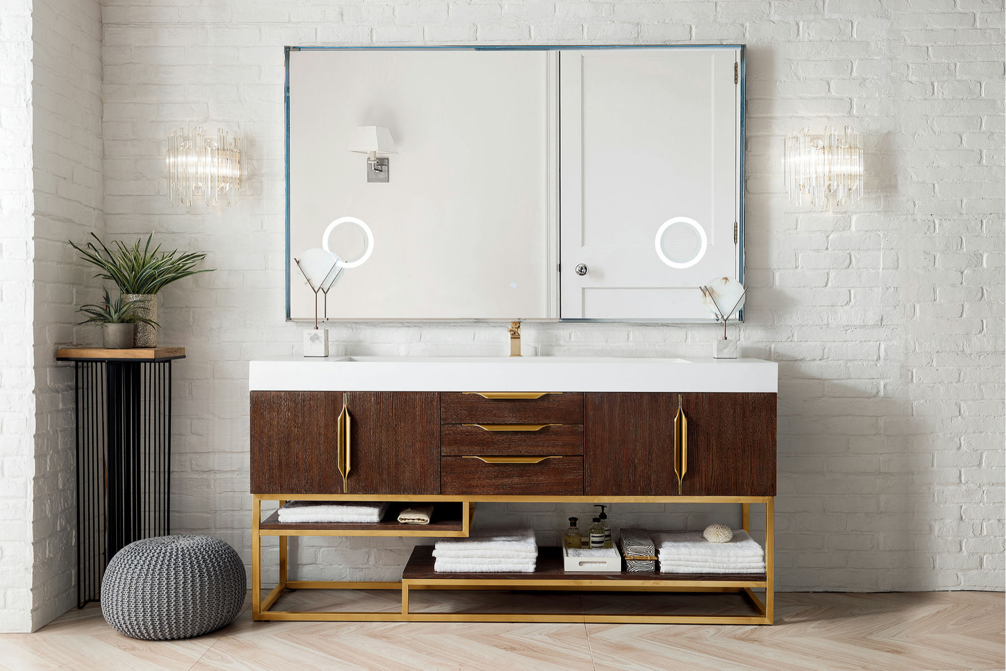 Columbia 72" Single Vanity Coffee Oak Radiant Gold, Glossy White ...