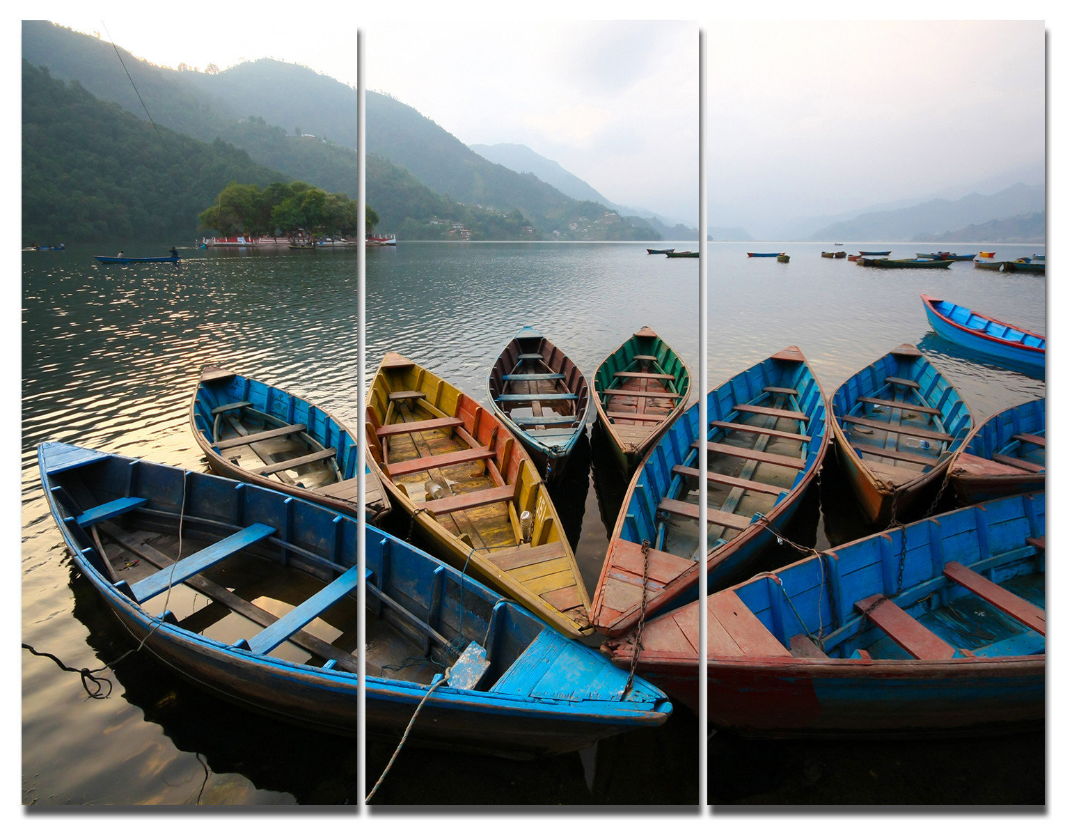 Beautiful Boats in Phewa Lake, Boat Triptych Canvas Art Print, 36x28, 3 ...