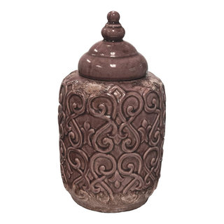 Cement Lidded Jar With Embossed Scroll Design, Crackle Pink ...