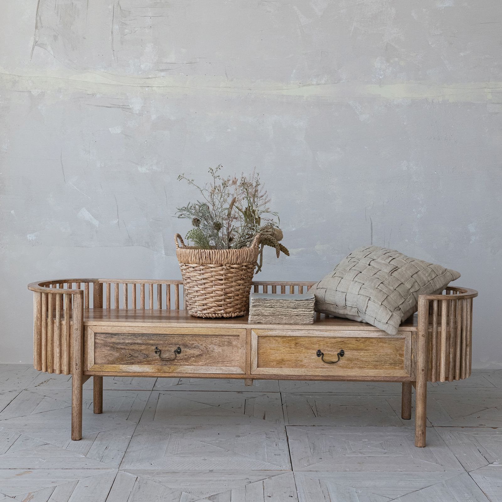 Mango Wood Slatted Bench With 2 Drawers and Metal Pulls, Natural and ...