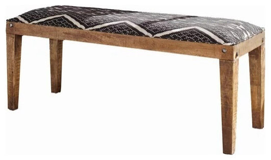Bohemian Rectangular Upholstered Bench with Mango Wood Frame and Woven ...
