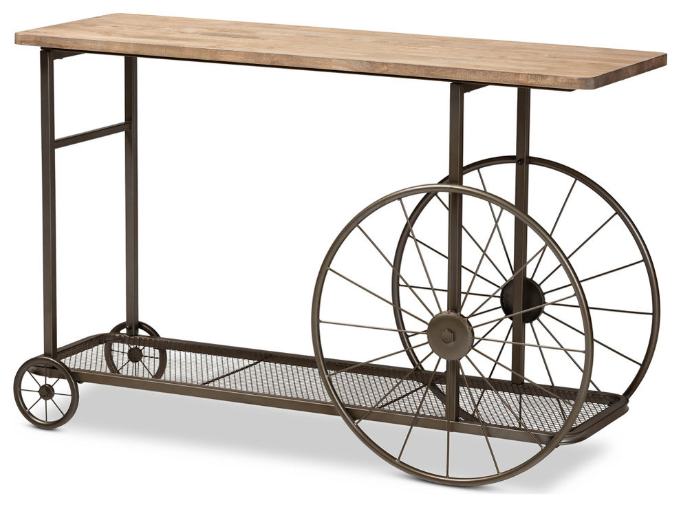 Leon Rustic Natural Wood and Black Metal Wheeled Console Table ...