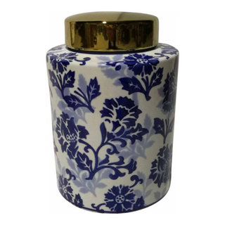 Ceramic Covered Decorative Jar, Blue And White - Traditional - Spice ...