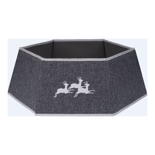 26.75" Gray Burlap With Reindeer Hexagonal Christmas Tree Collar ...