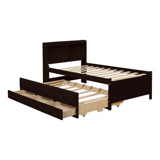 Full/Twin Wood Frame Platform Bed with Trundle and Drawers, Full ...