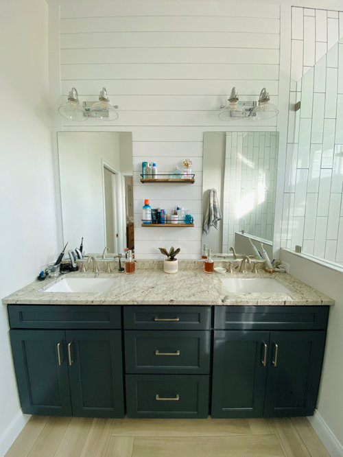 Bathroom Finishes - Navy Vanity, Granite, and Tile