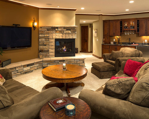 Basement Family Room With Stone Fireplace Family Room With Stone