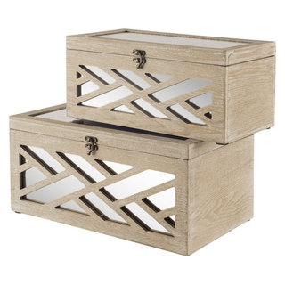 Set of Two Off White Mirrored Wooden Boxes - Farmhouse - Decorative ...