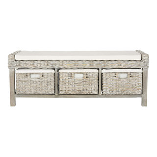 Coastal Storage Bench, Mango Wood Frame With Rattan Cover and Cushioned ...