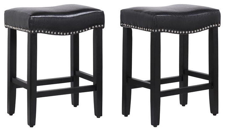 24" Upholstered Saddle Seat Counter Stool (Set of 2) in Black Leather ...