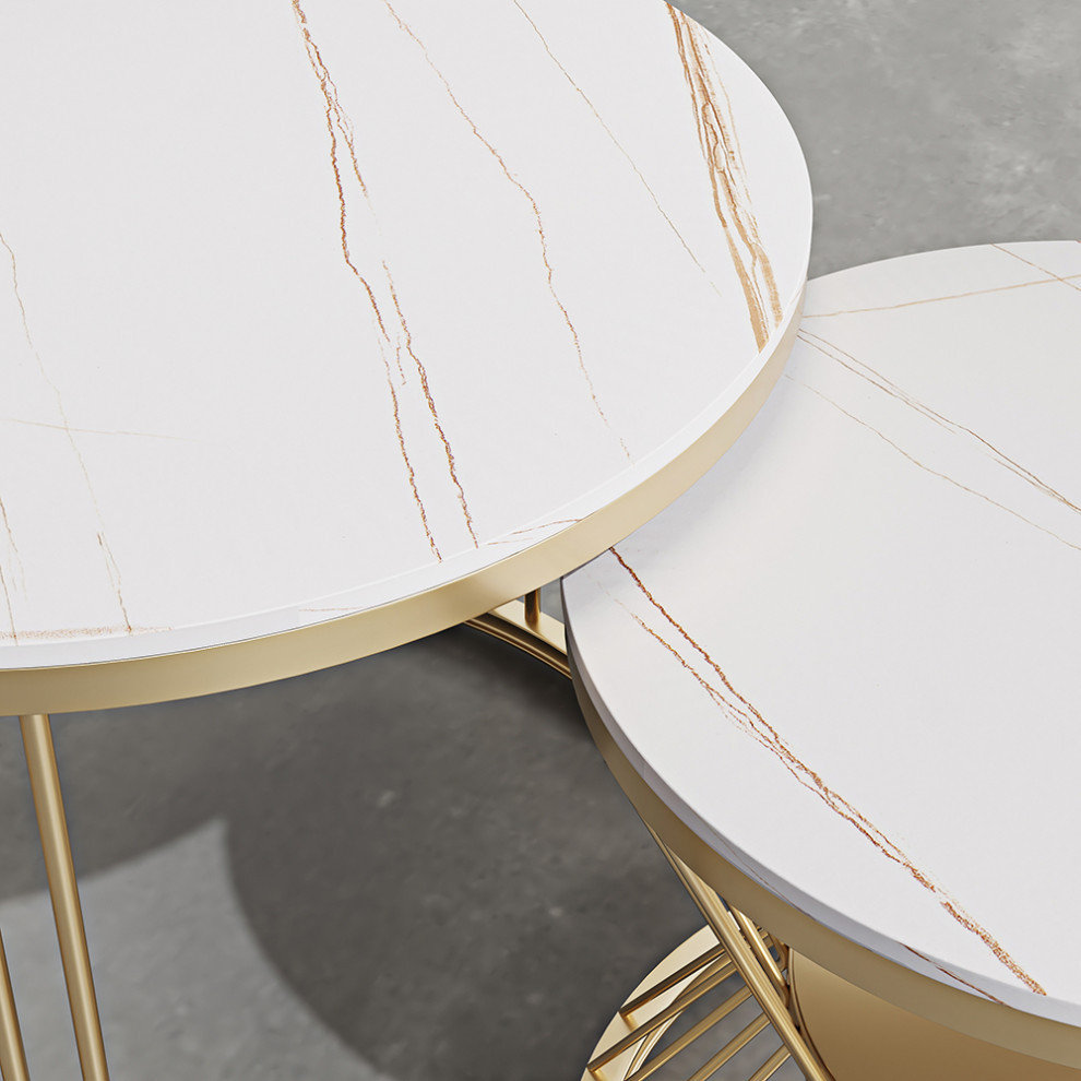 Modern White Nesting Coffee Tables Round Set of 2 With Stone Top ...