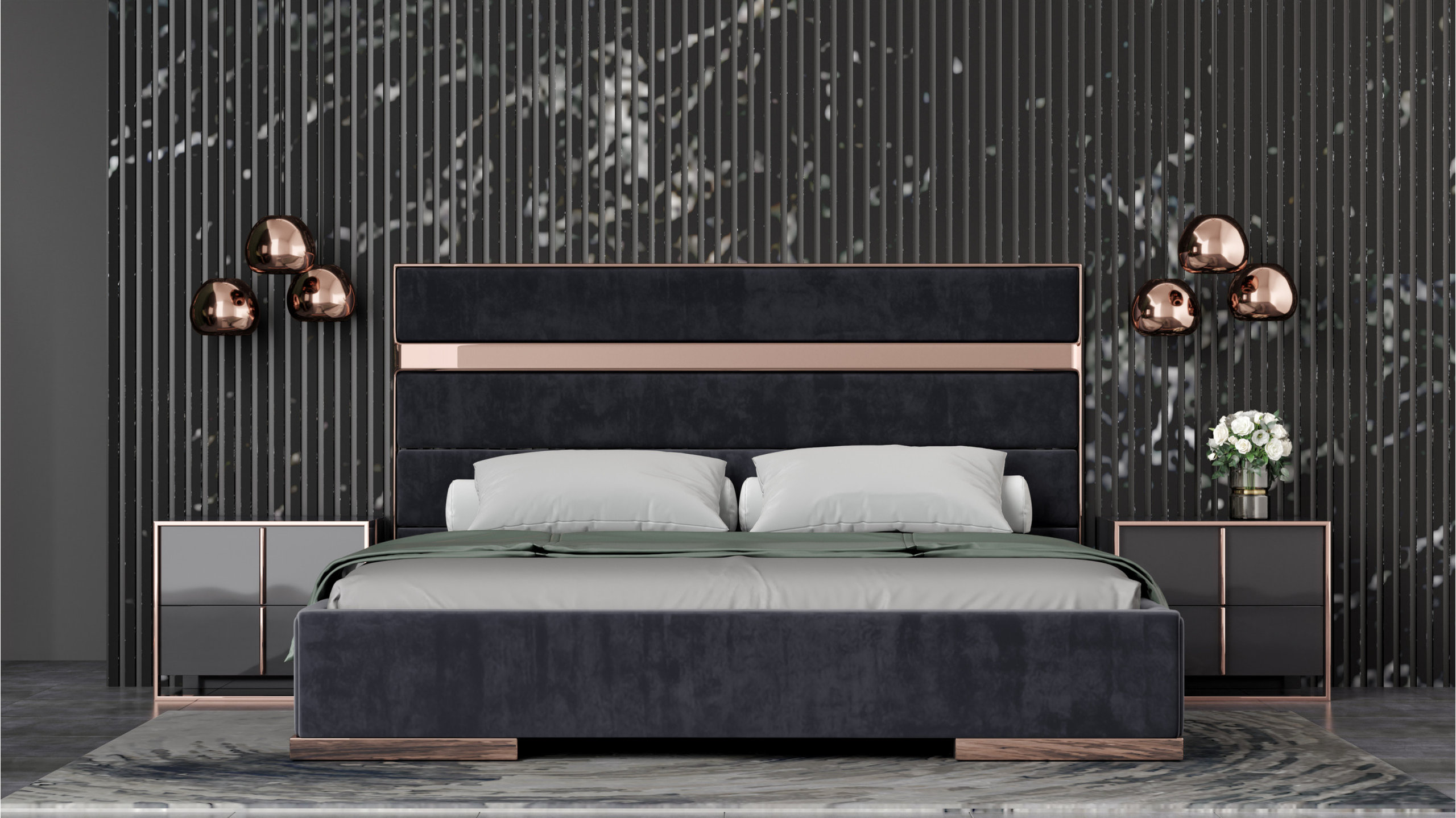 Modrest Cartier Black + Rose Gold Bed + Nightstands, Queen ...