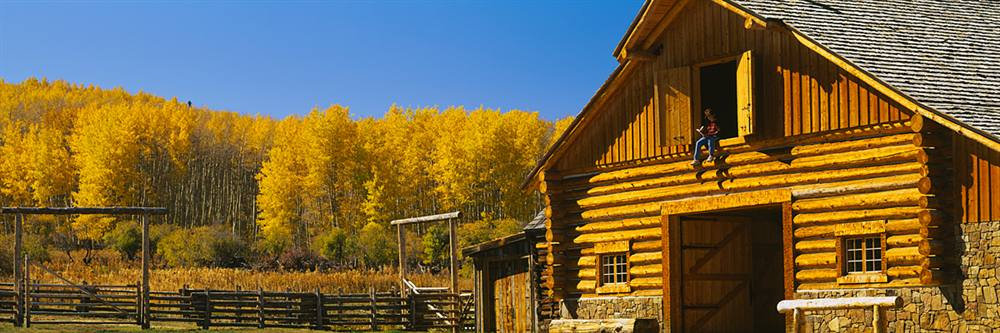 Cowboy Sitting on a Window of a Log Cabin Panoramic Fabric Wall Mural ...