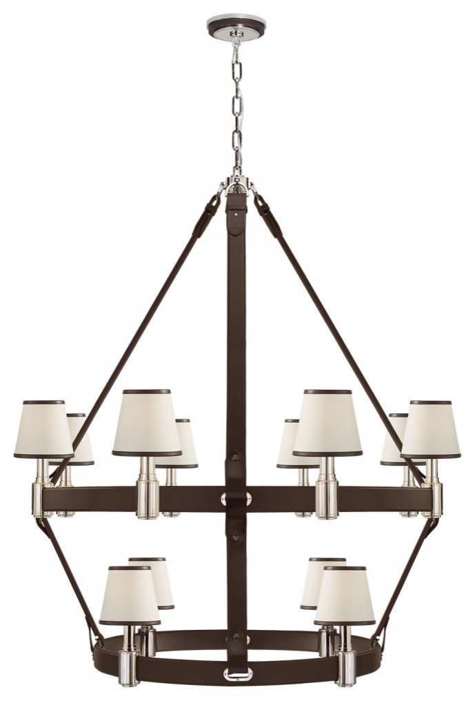Riley Polished Nickel and Chocolate Leather Large Two Tier Chandelier - Transitional ...