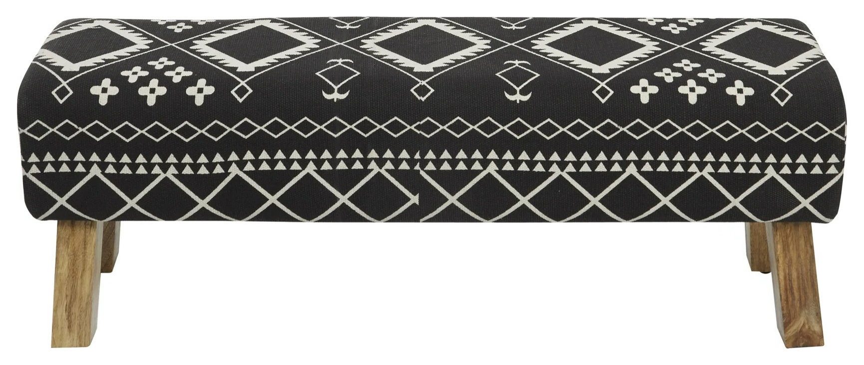 Bohemian Geometric Upholstered Bench with Natural Wood Legs, Black and ...
