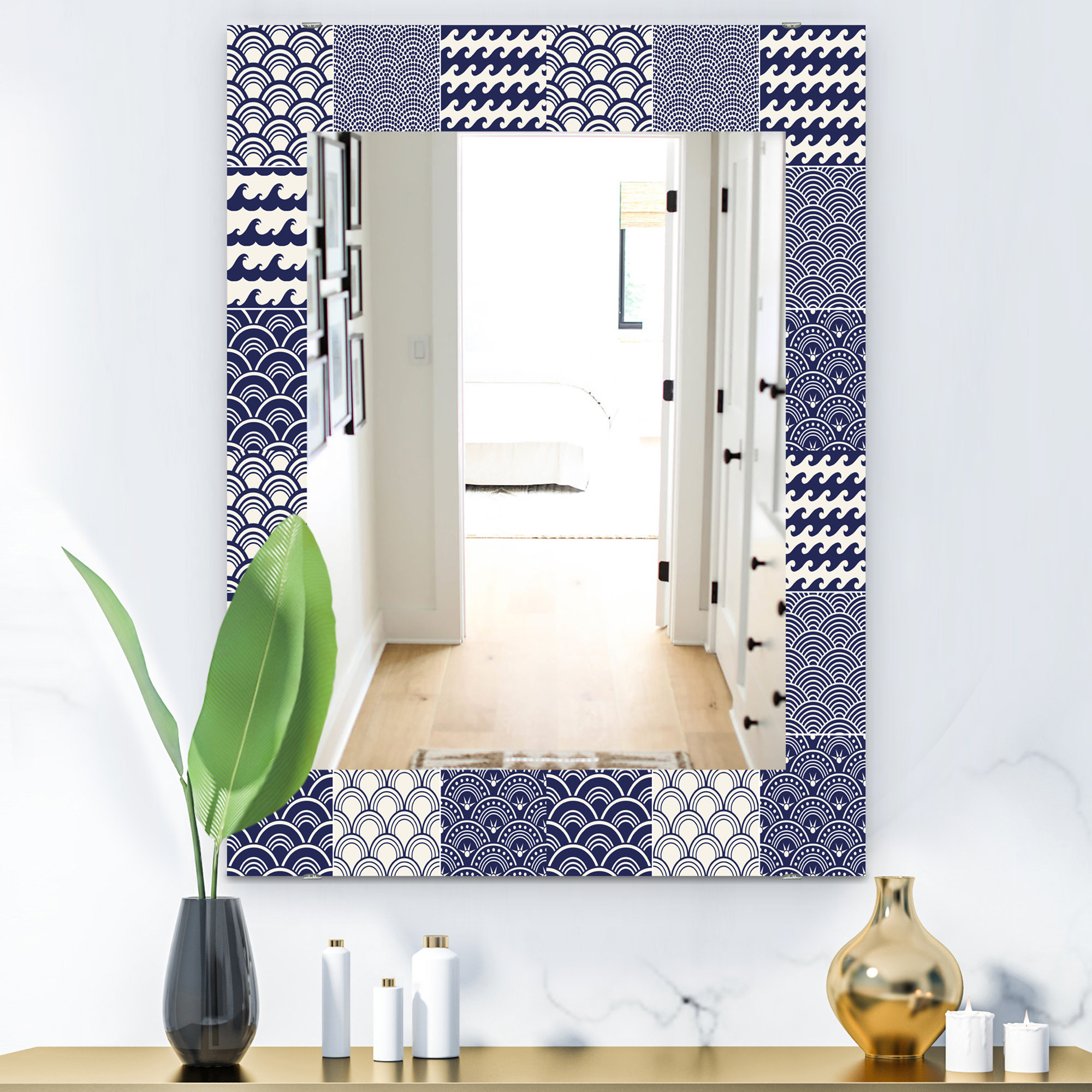 Designart Japanese Ocean Wave Pattern Traditional Frameless Wall Mirror ...