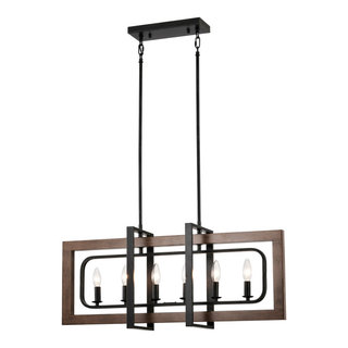 Hebe Linear Chandelier Natural Wood and Antique Black Metal Frame ...