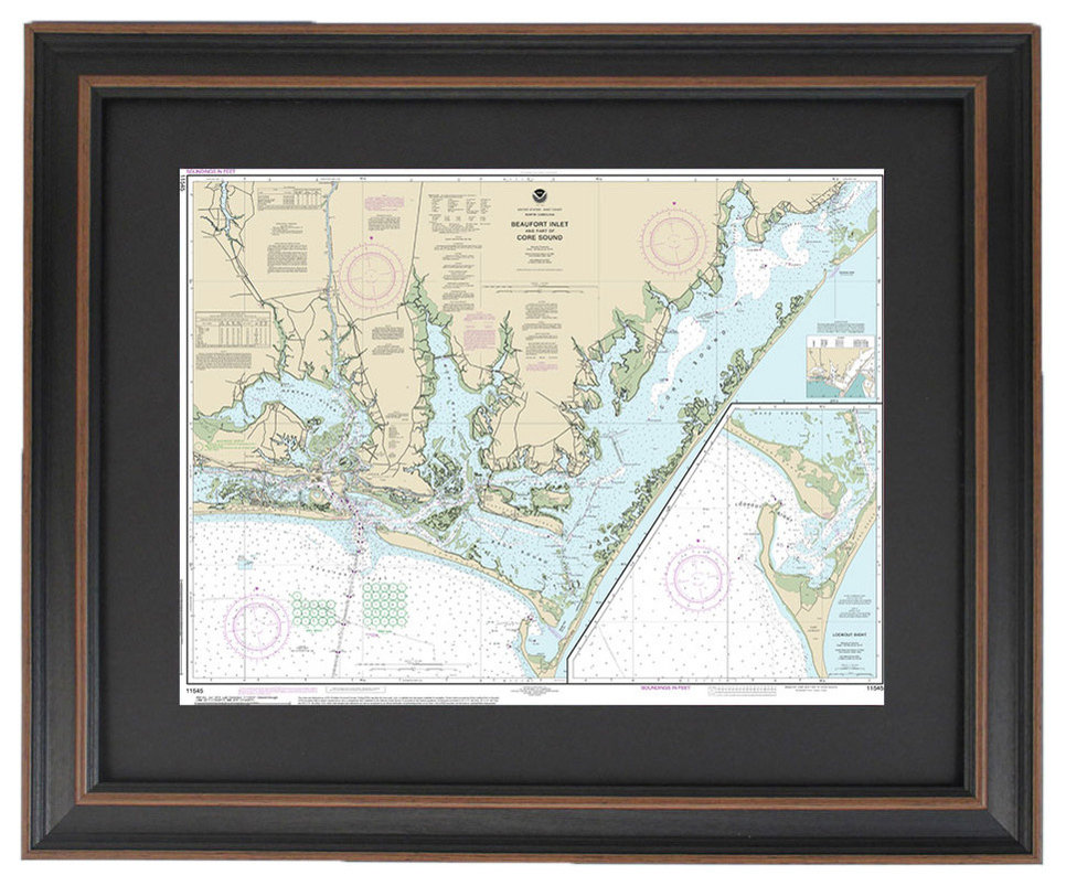 Framed Nautical Chart; Outer Banks, Beaufort Inlet and Core Sound ...