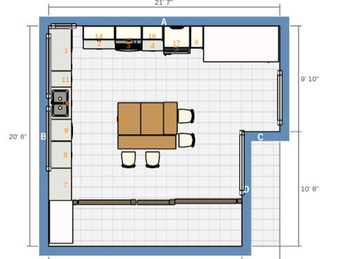 Island size 4x8, 5x8, 4x9, 5x9, or 4x5 (small for corner seating)
