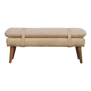 Solid Wood Boucle x Beige Leather Bench, Cream, Upholstered ...