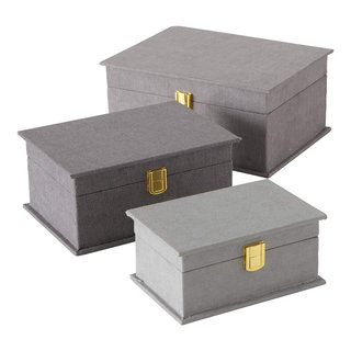 Grey Flannel Boxes With Gold Flip Latch Locks, Set of 3 - Transitional ...