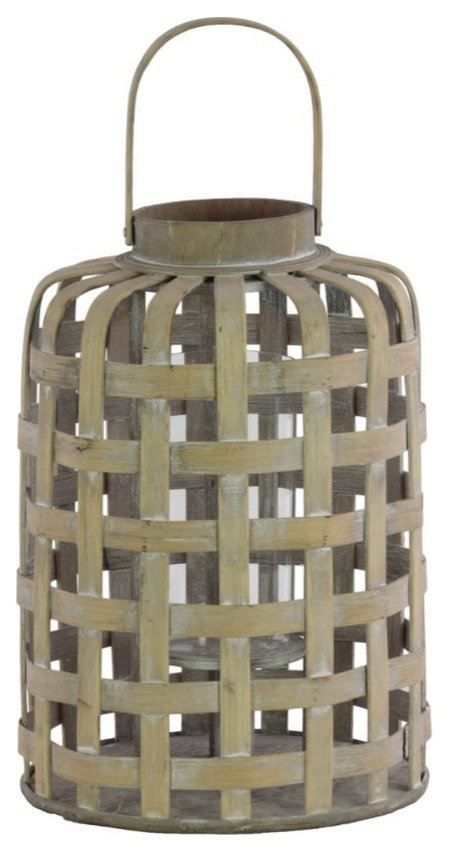Wood Round Lantern with Lattice Design Body and Handle, Tan Brown ...