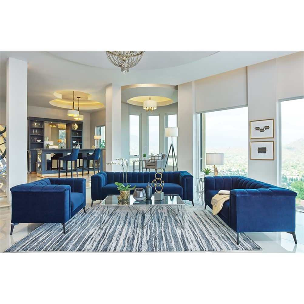 Coaster 3-Piece Contemporary Velvet Tuxedo Arm Sofa Set in Blue ...