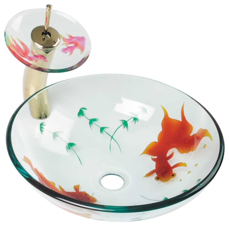 Glass Vessel Sink Koi Fish Waterfall Faucet Combo Package | - Beach ...