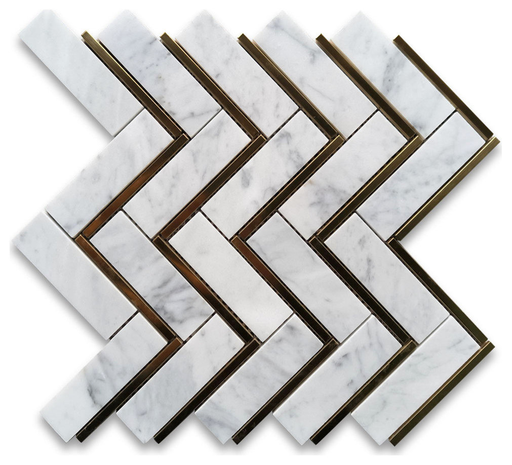 Carrara White Marble 1x4 Herringbone Mosaic Tile w/ Brass Strips Honed ...