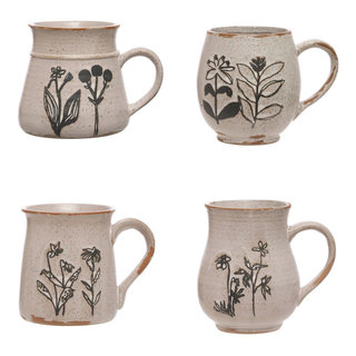 4" Stoneware Mug, Reactive Glaze, Various Mug Shapes, Cream, Set of 4 ...