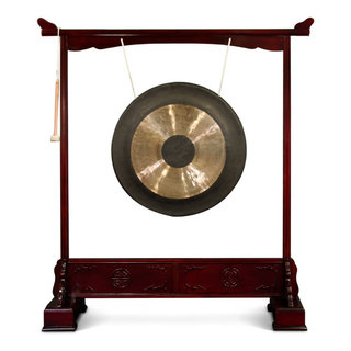 Chinese Brass Gong with Cherry Finish Longevity Motif Rosewood Stand ...