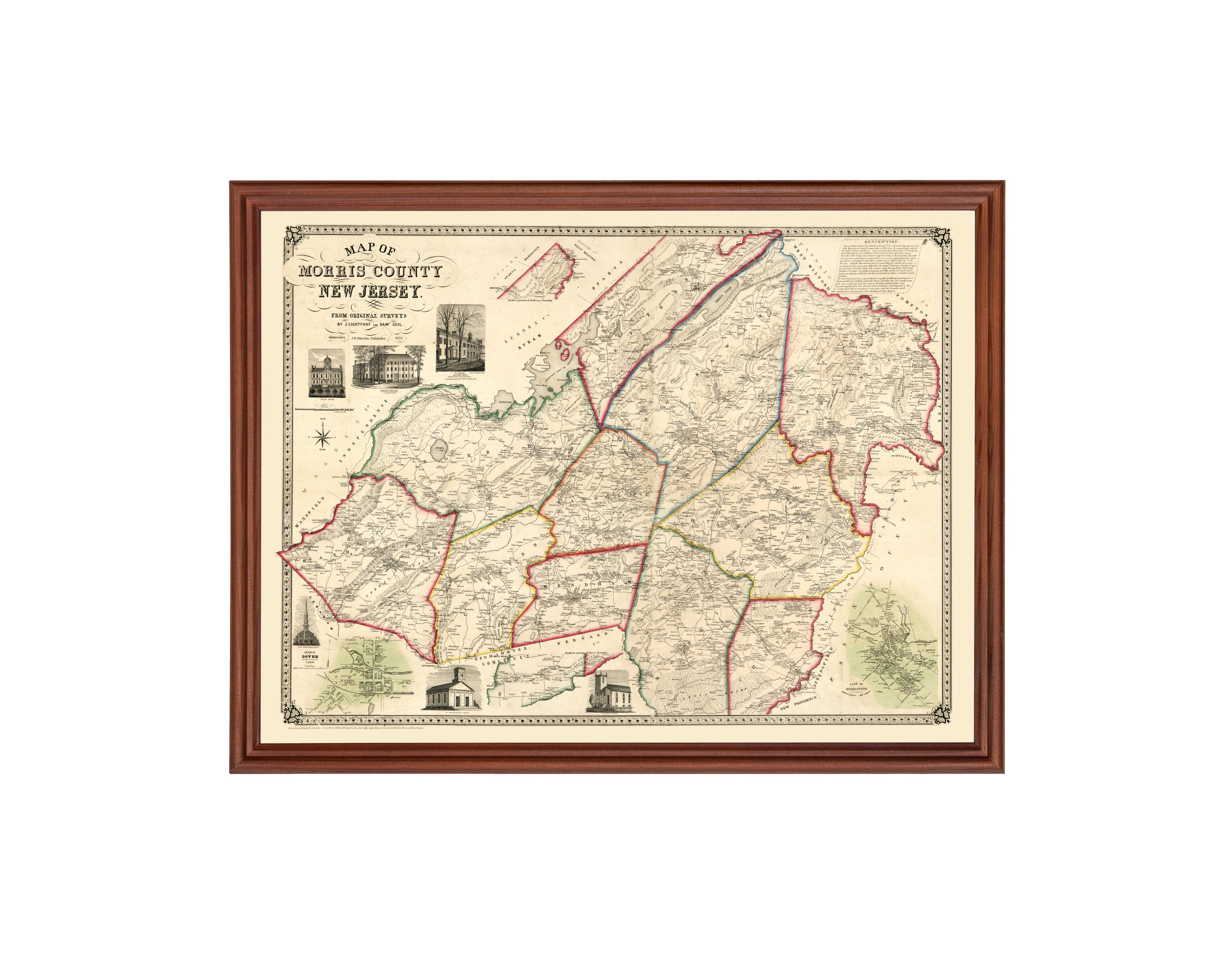 Morris County Map Framed Art 1853, Vintage New Jersey Wall Decor, 24x18 ...