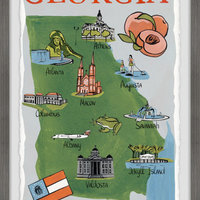 "Illustrated Map of Georgia, The Peach State" Framed Painting Print ...
