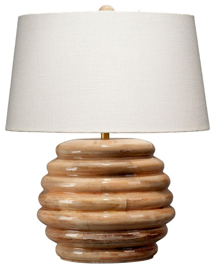 Thick Ribbed Lacquered Wood Fat Round Table Lamp 22 in Natural Bleached ...