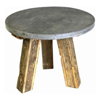 Round Slate Top Side Table with Reclaimed Wood Tripod Legs, Gray and ...