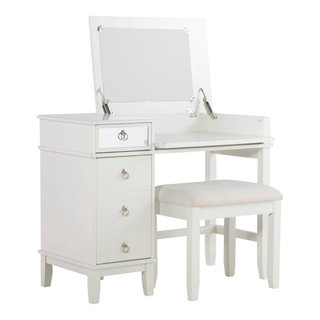 Contemporary Vanity Set, Mirrored Design With Cushioned Stool & Drawer ...