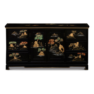 Hand Painted Black Chinoiserie Scenery Motif Oriental Sideboard - Asian ...