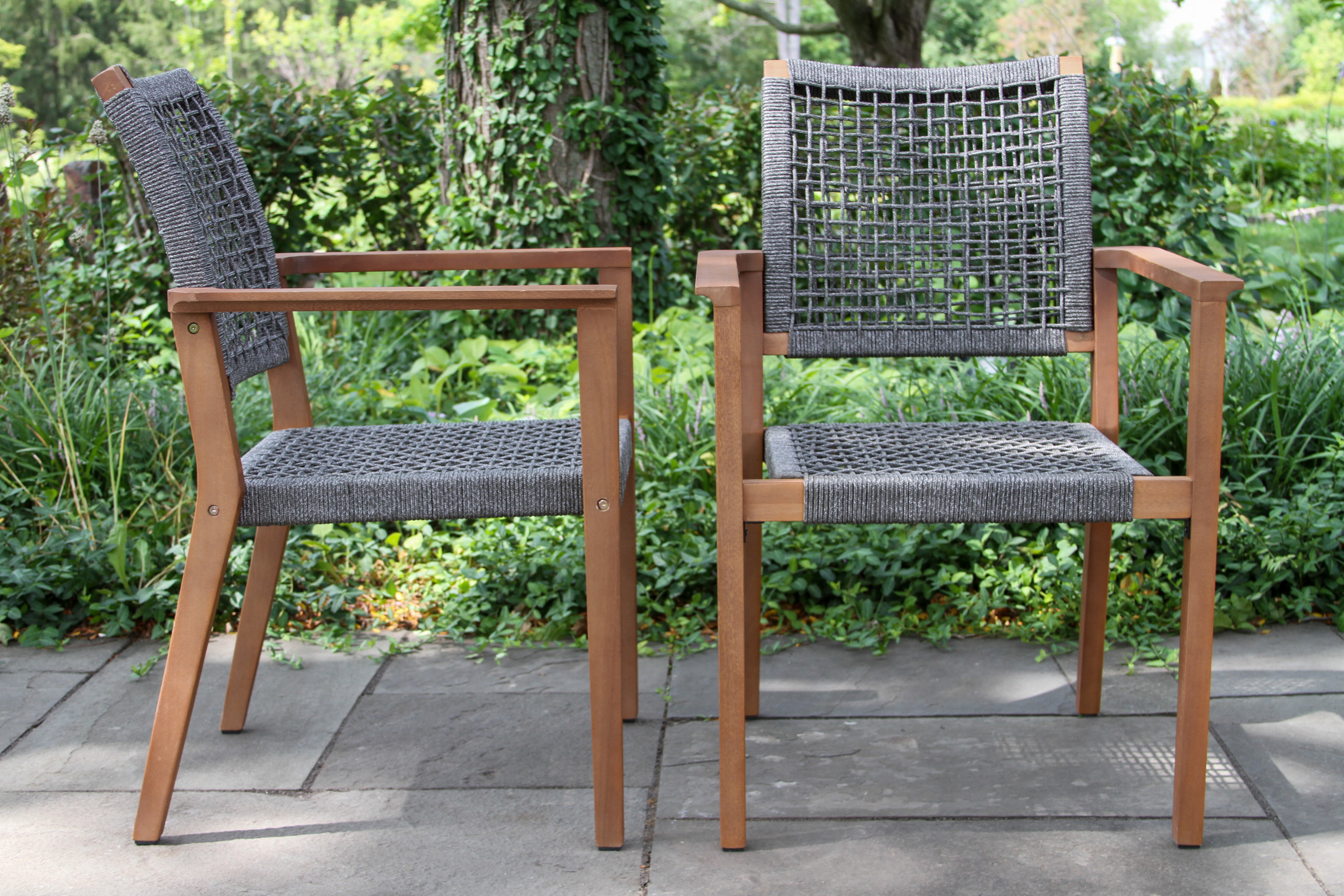 7-Piece Eucalyptus Dining Set With Stacking Rope Dining Chairs - Beach ...