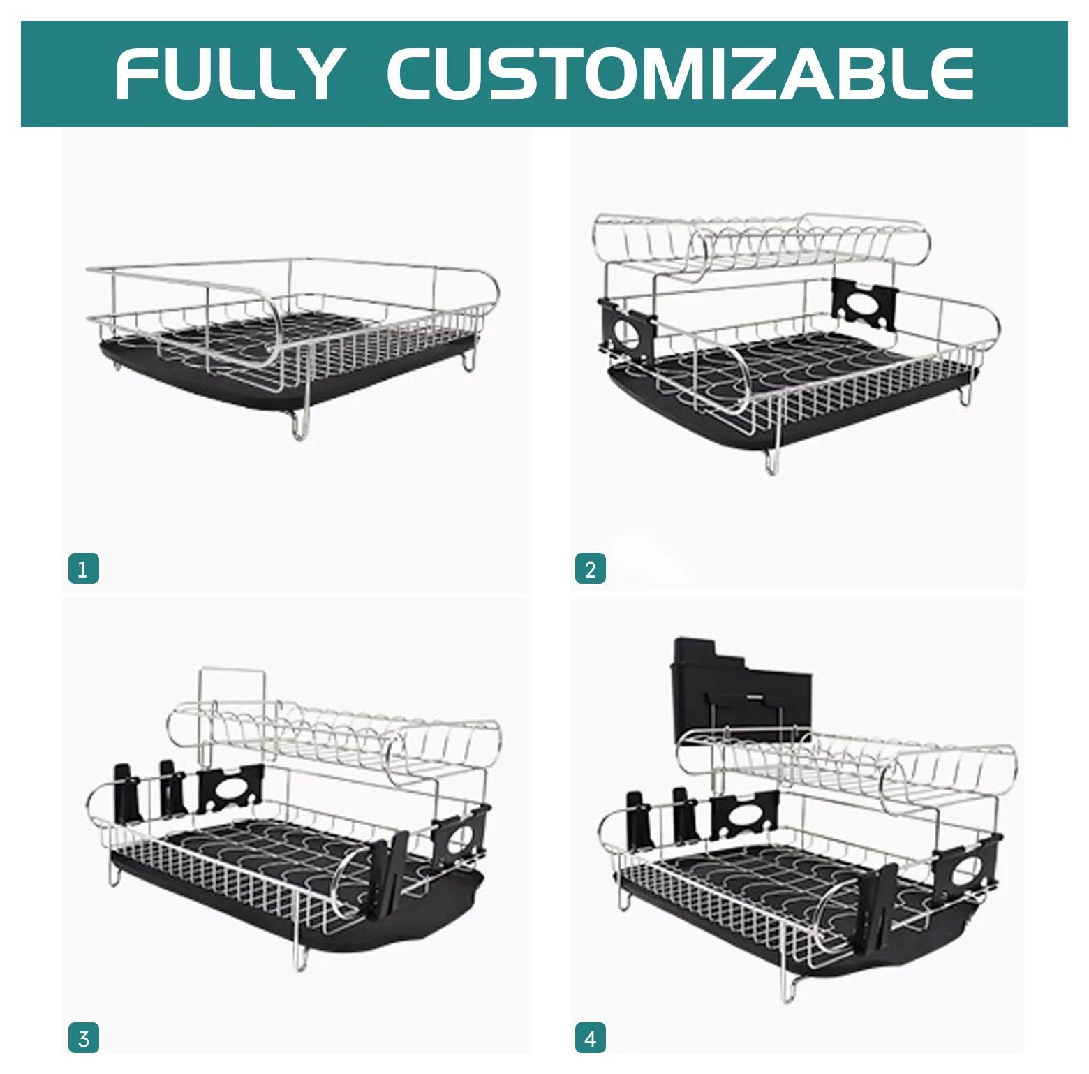 Double Tier Stainless Steel Dish Rack With Drainboard Set And Utensil ...