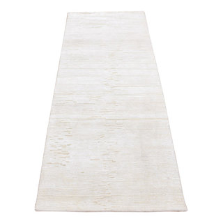 Ivory Silk with Textured Wool Striae Design Hand Knotted Runner Rug 2'6 ...