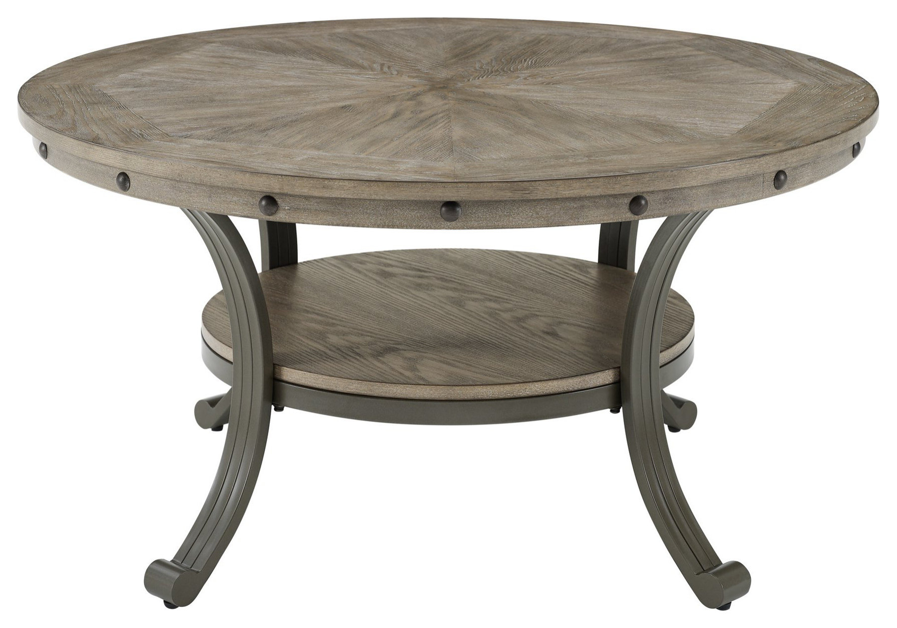 Industrial Round Coffee Table with Curved Legs and Nailhead Trim ...