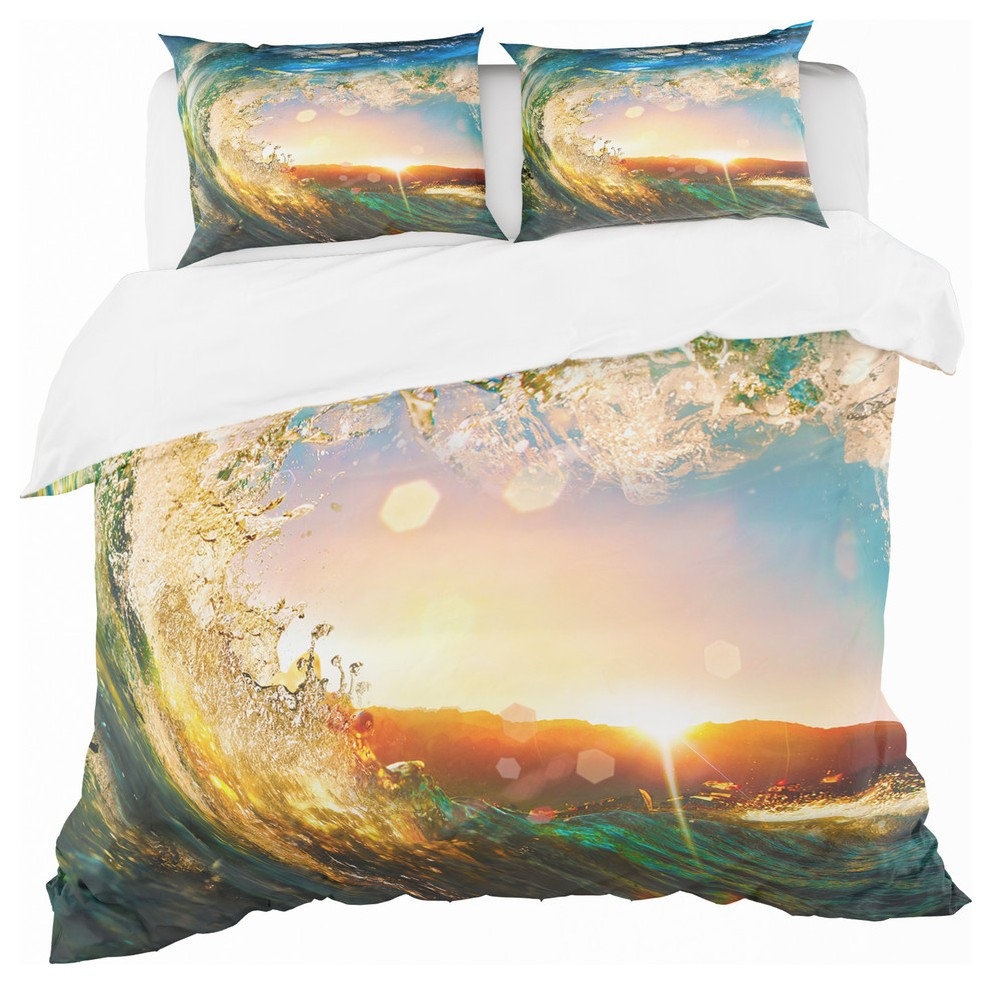 Colored Ocean Waves Falling Down Coastal Duvet Cover Set, Twin + 1 Sham ...
