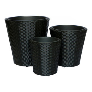 Plutus Brands Planter Set Of Three, Black Polyurethane - Tropical ...