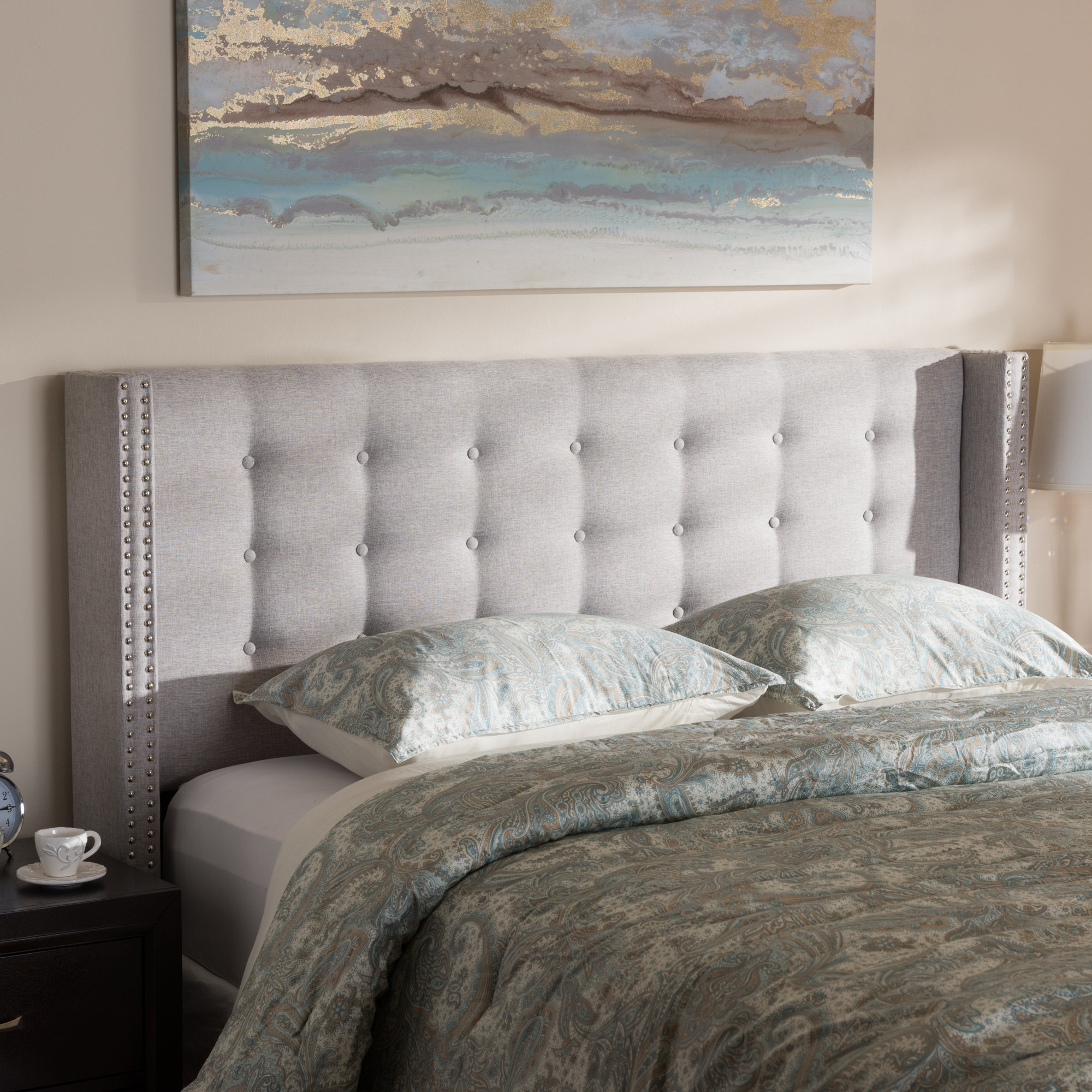 Ginaro Modern Dark Gray Fabric Button-Tufted Nailhead Full Winged ...