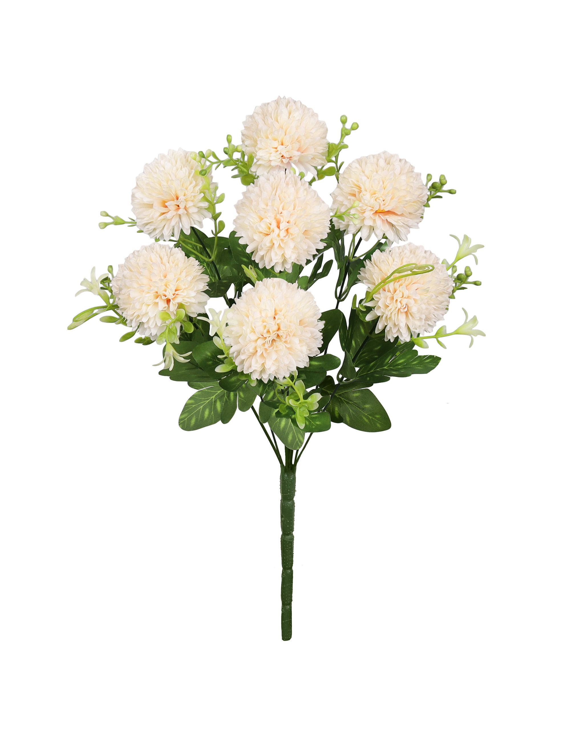 Set of 3 Champagne Ivory Artificial Pom Pom Mum Flower Stem Bush ...